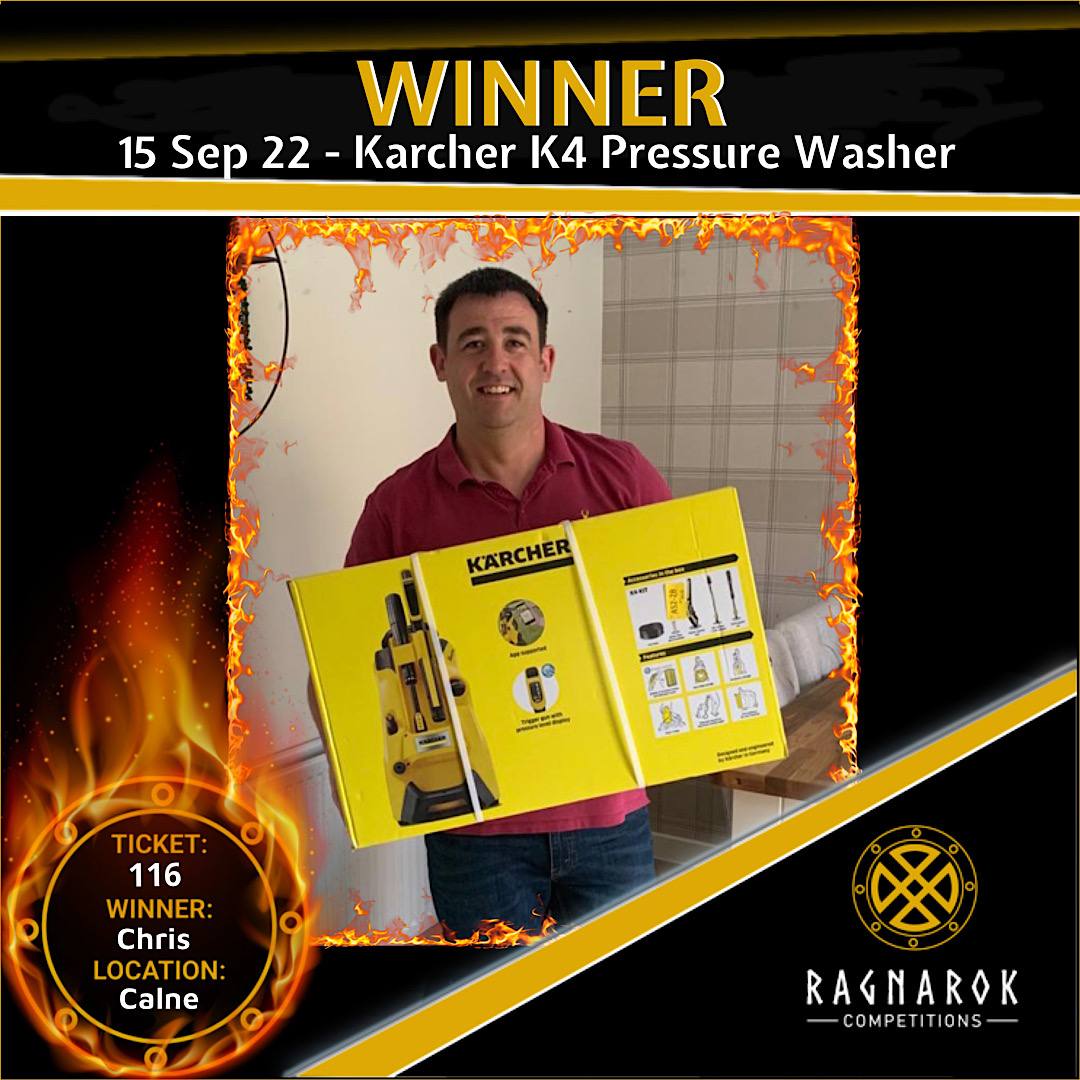 Chris wins the Karcher K4 Pressure Washer - Ragnarok Competitions